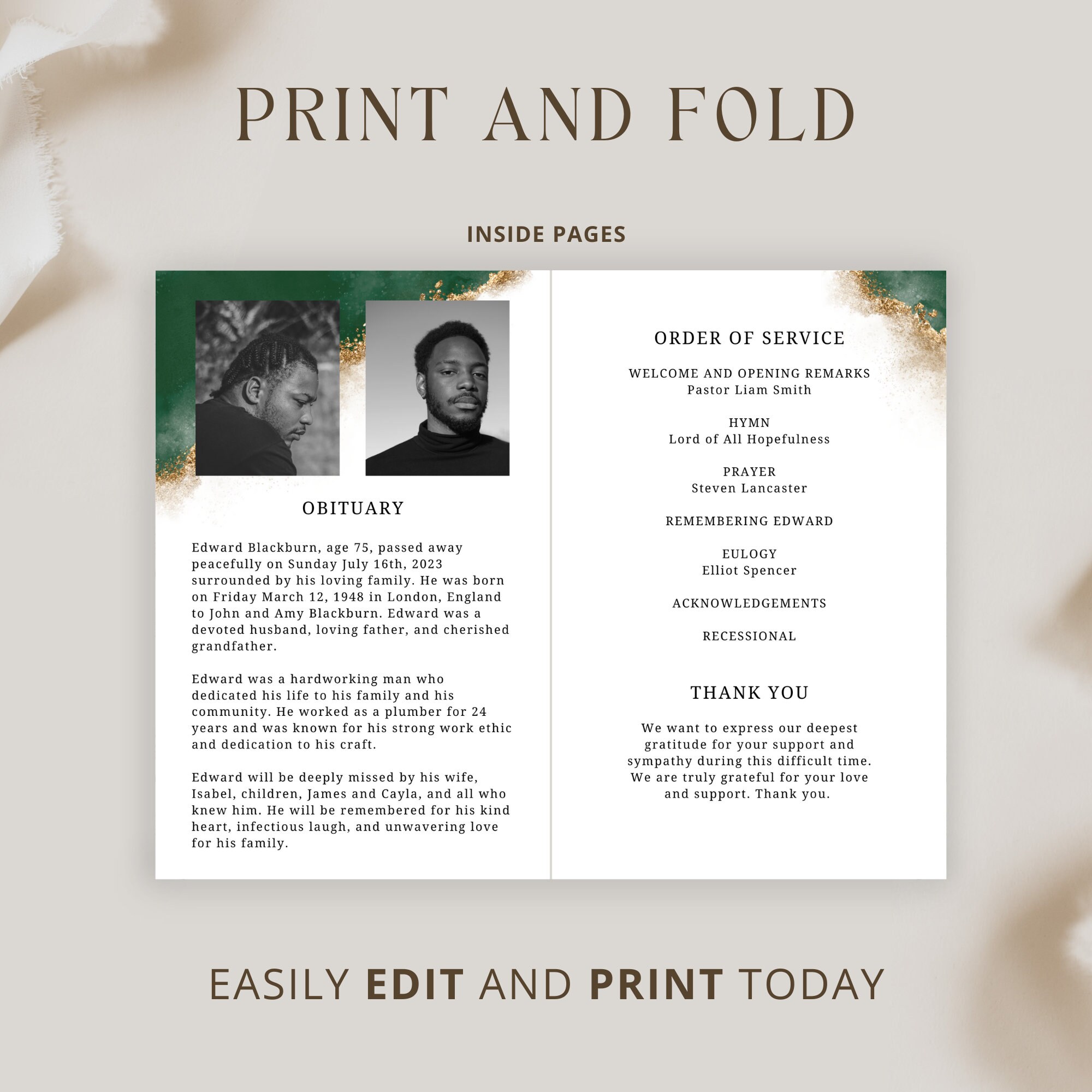 Emerald Funeral Program Template for Man, Green Order of Service ...