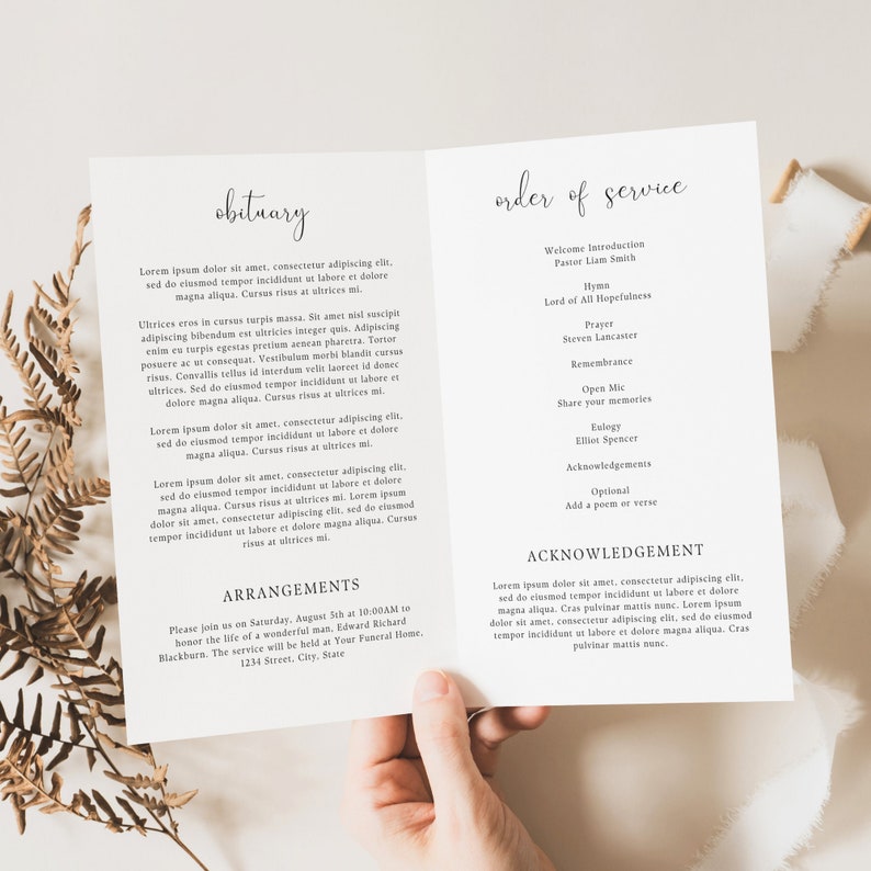 Minimal Funeral Program Template for Man, Bifold Memorial Service ...