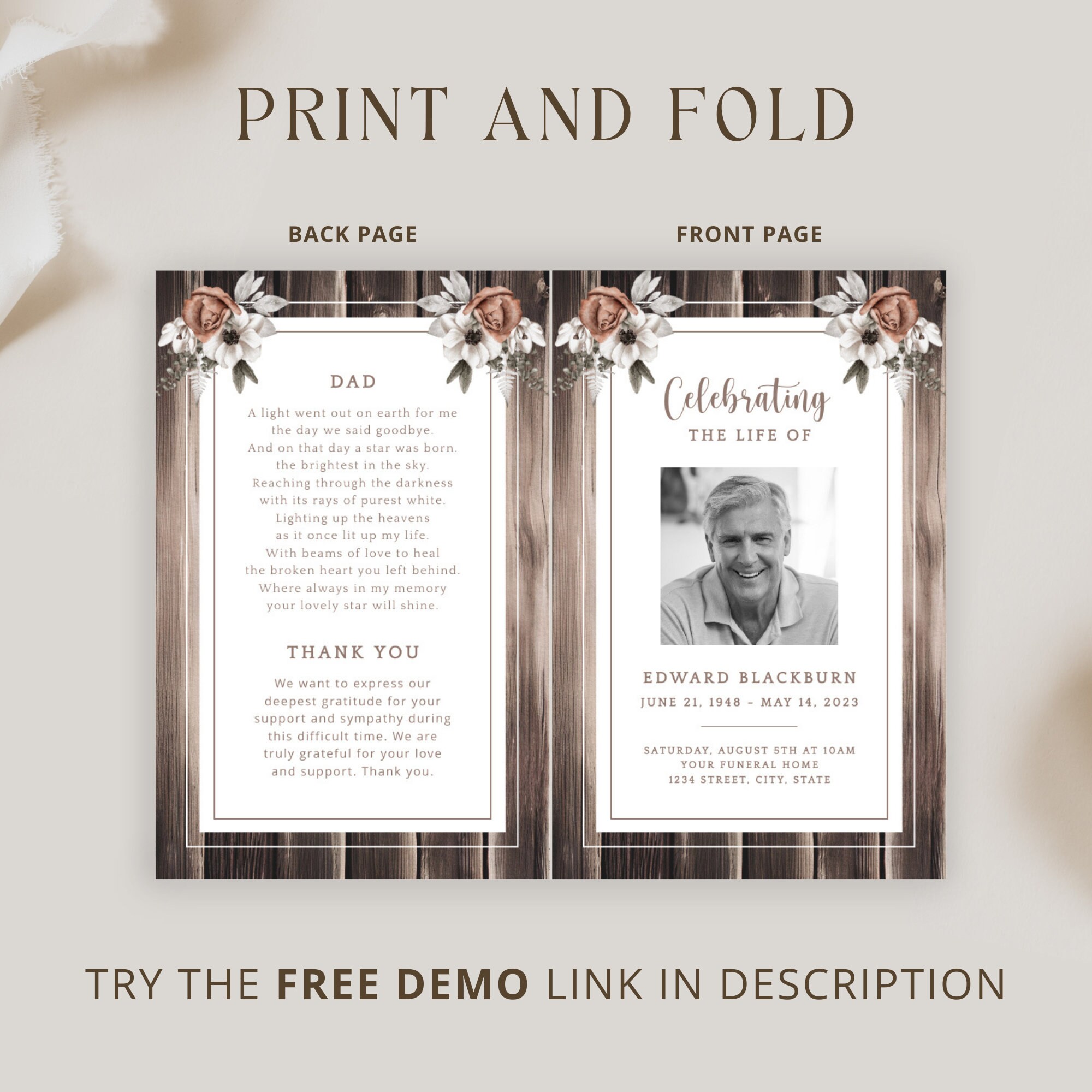 Rustic Funeral Program Template, Masculine Order of Service, Obituary ...