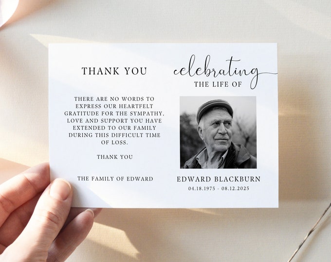 Memorial Thank You Card, Minimal Funeral Thank You, Double Sided, Black ...