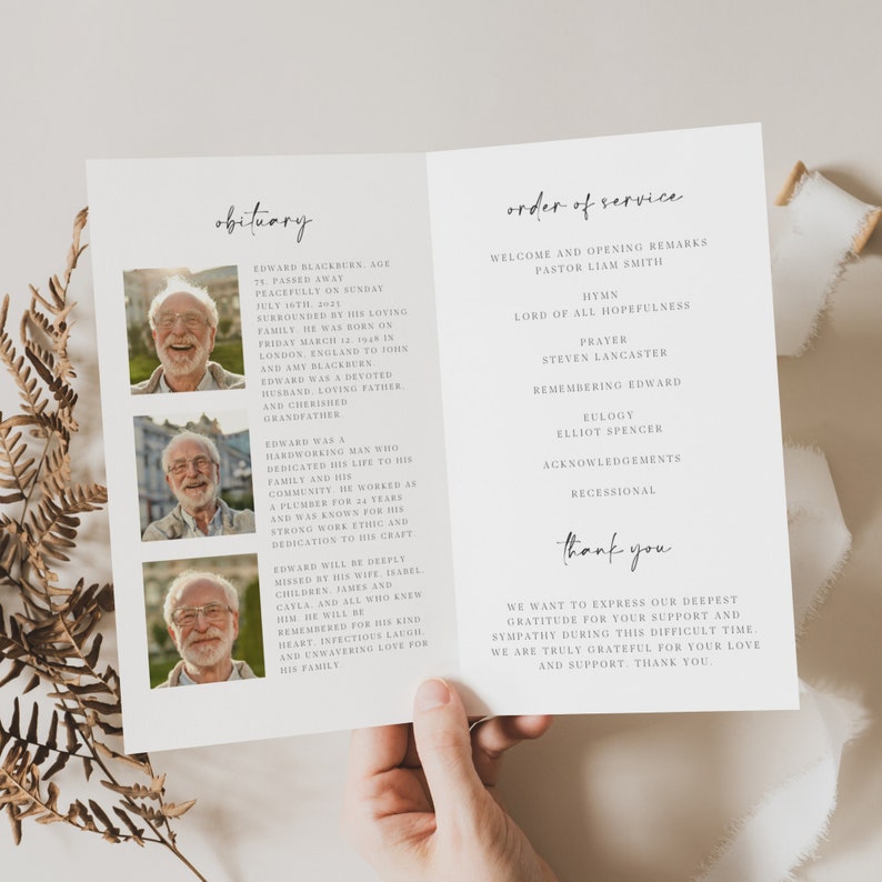 Funeral Program Template, Minimal Obituary Template, Editable Funeral ...