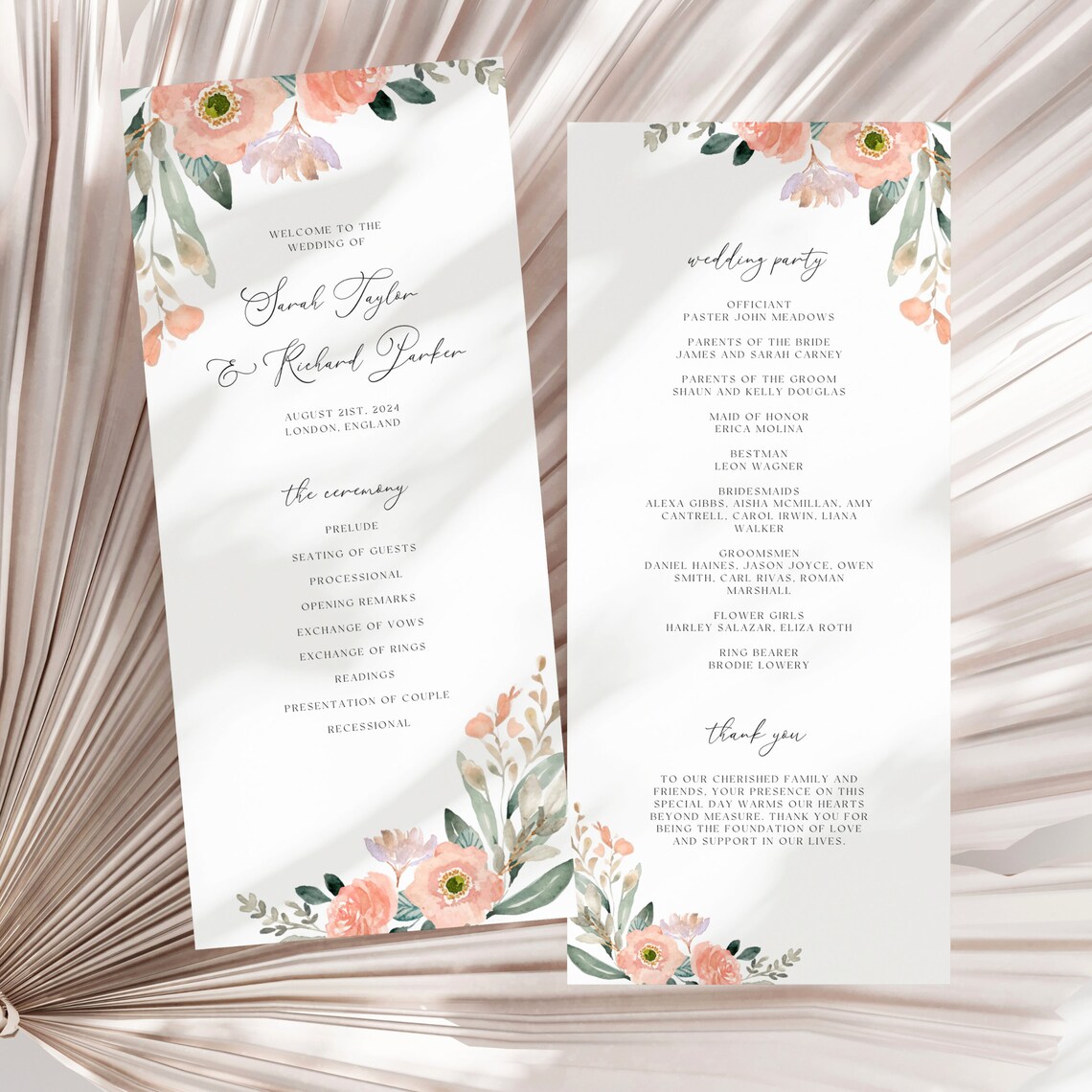 Floral Wedding Program Template, Order of Service, Baby Pink Ceremony ...