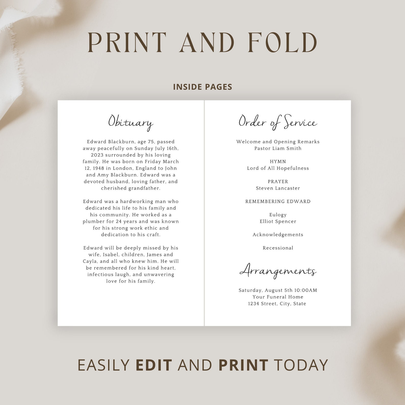 Funeral Program Template for Man, Order of Service, Funeral Booklet ...