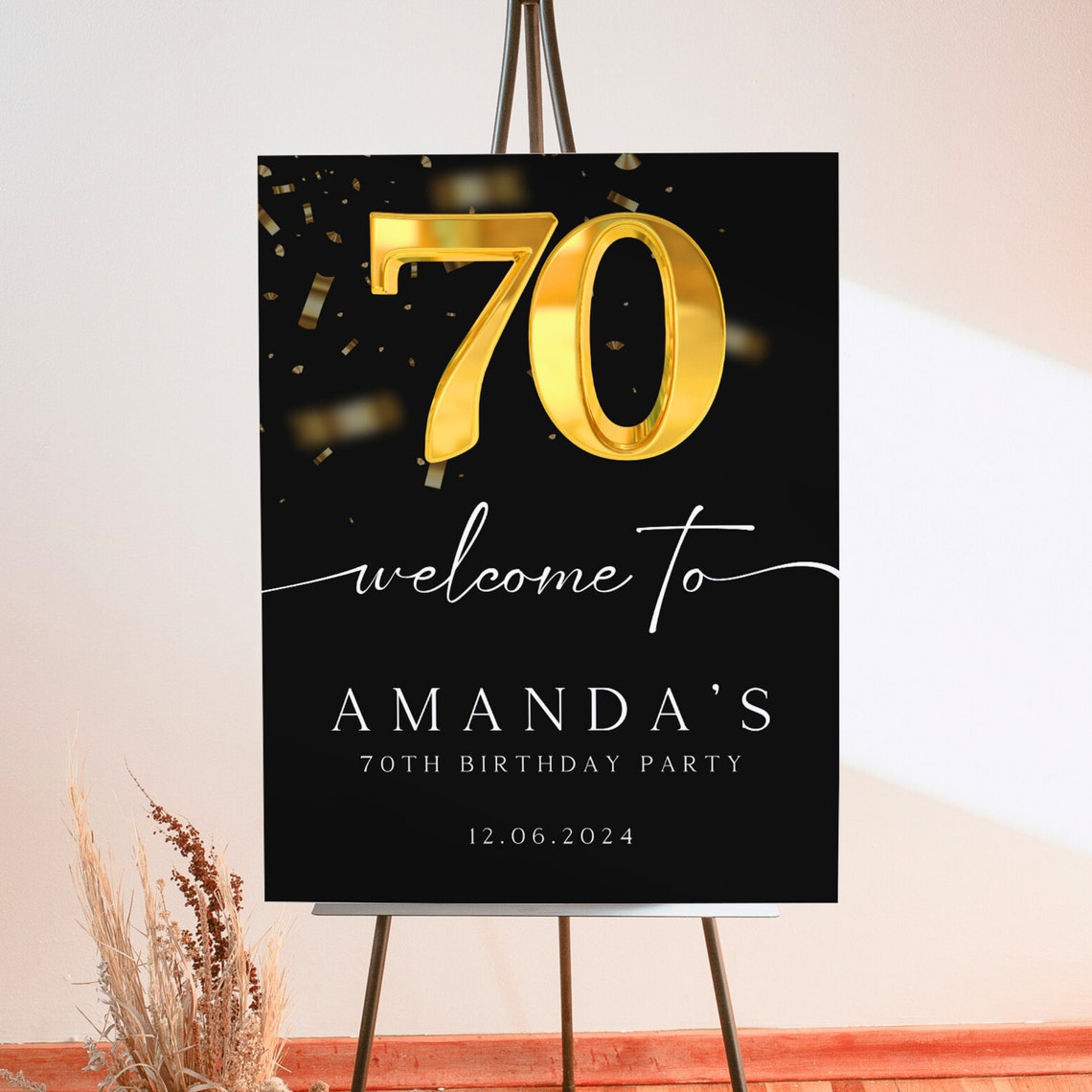 Gold 70th Birthday Welcome Sign, Modern Poster, Black and Gold Birthday ...