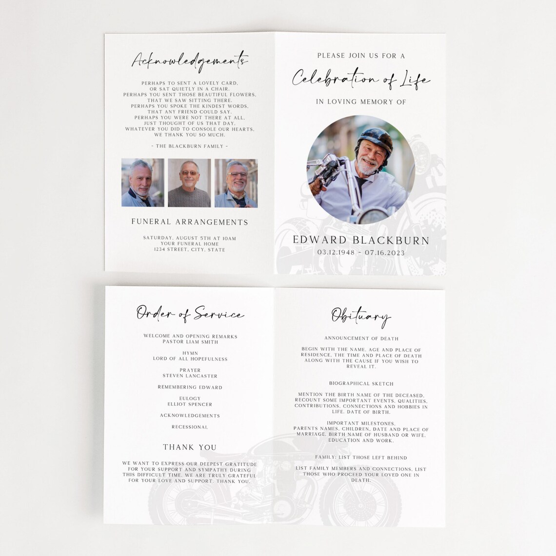 Motorcycle Funeral Program Template for Man, Folded Celebration of Life ...
