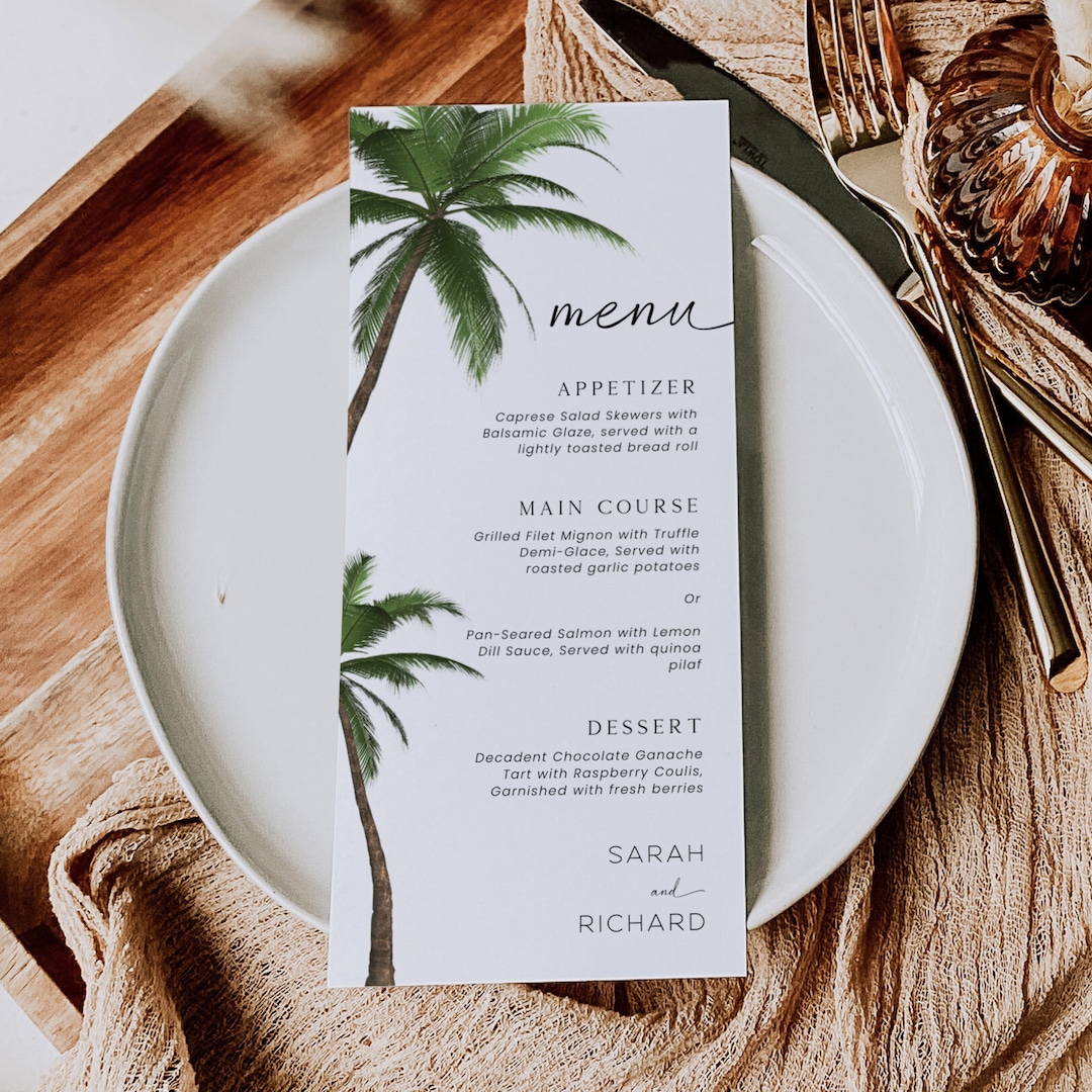 Tropical Wedding Menu Template, Palm Tree Dinner Cards, Destination ...