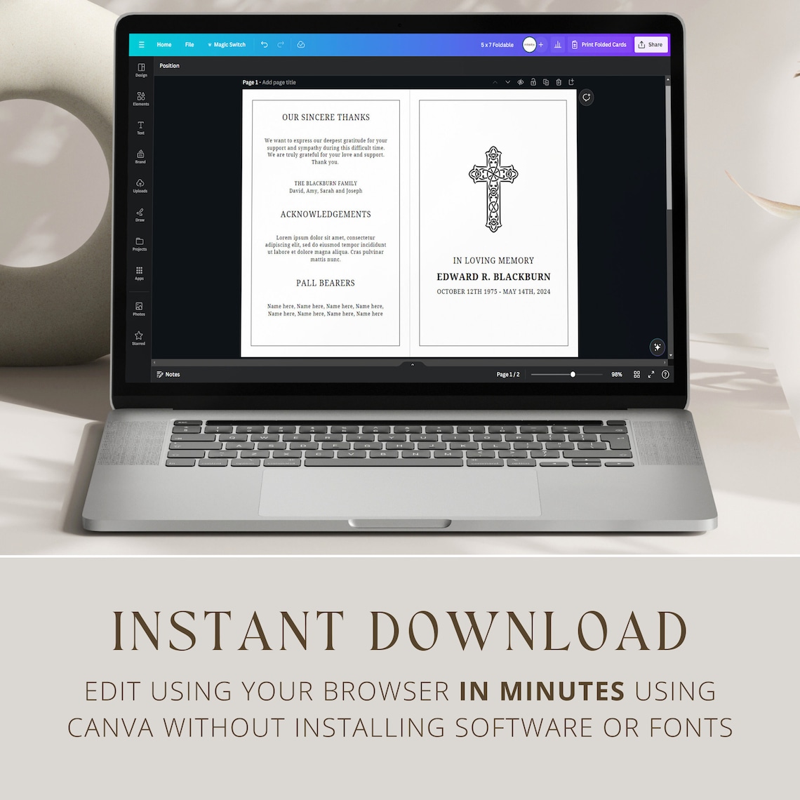 Catholic Cross Funeral Program, Minimal Obituary Template, Editable ...