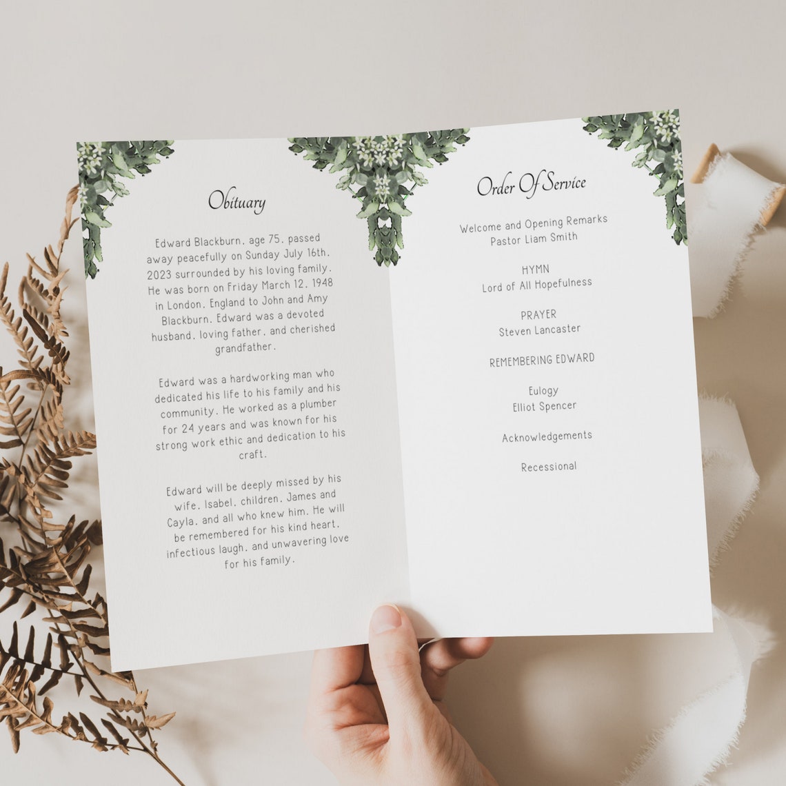 Greenery Funeral Program for Man, Floral Obituary Template, Wake Eulogy ...