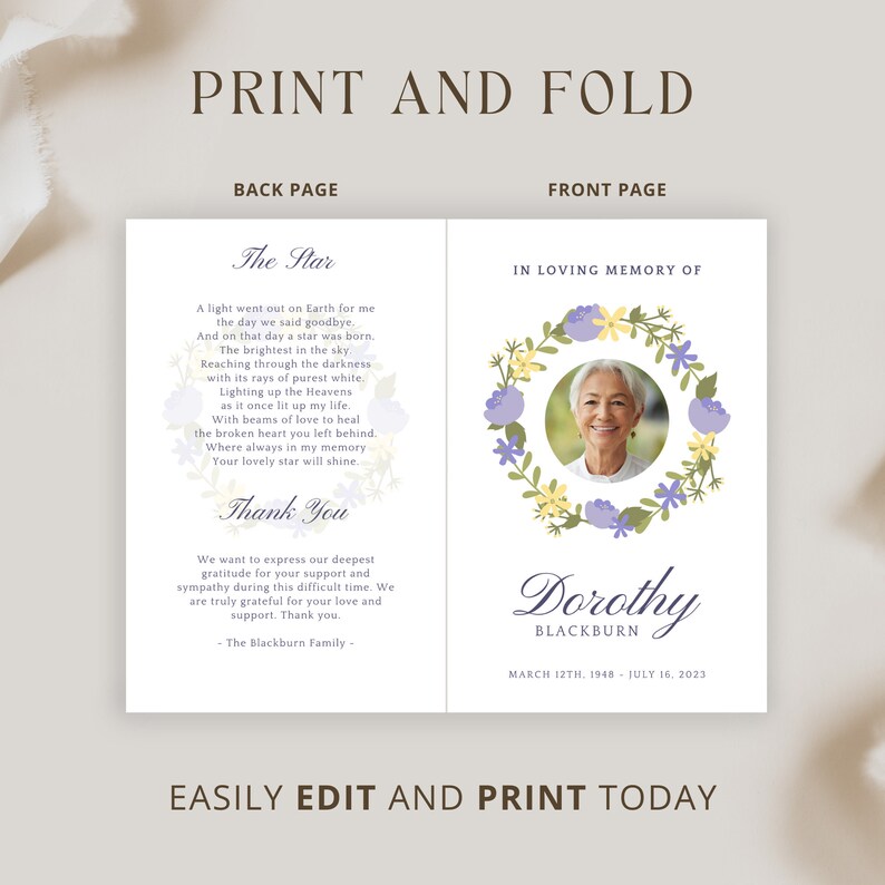 Floral Funeral Program Template for Woman, Funeral Service Booklet ...