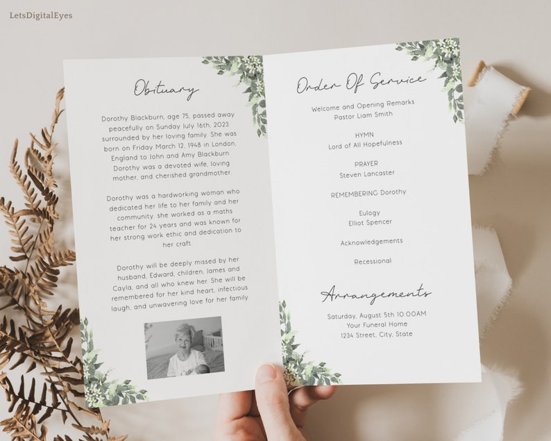 Greenery Funeral Program Template Floral Memorial Service - Etsy