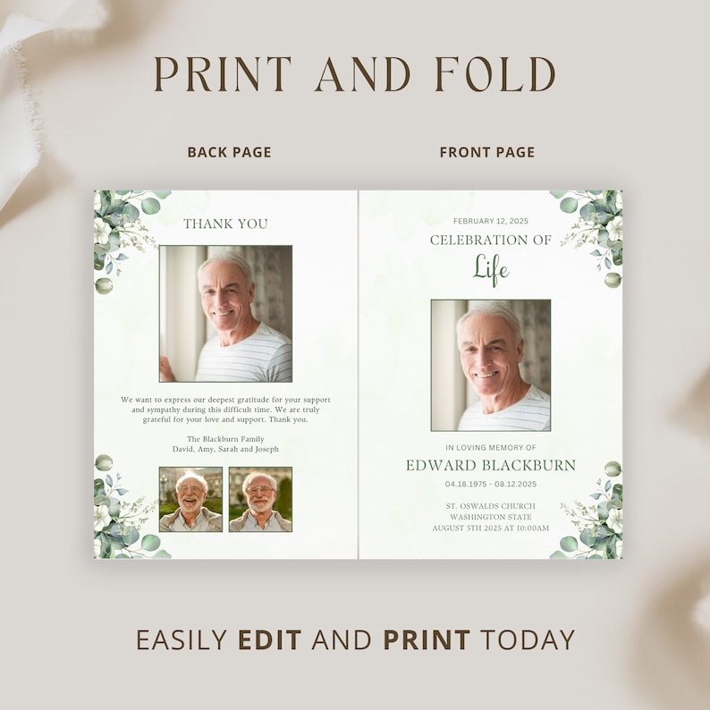 8 Page Funeral Program Template, Eucalyptus Memorial, Floral Obituary ...