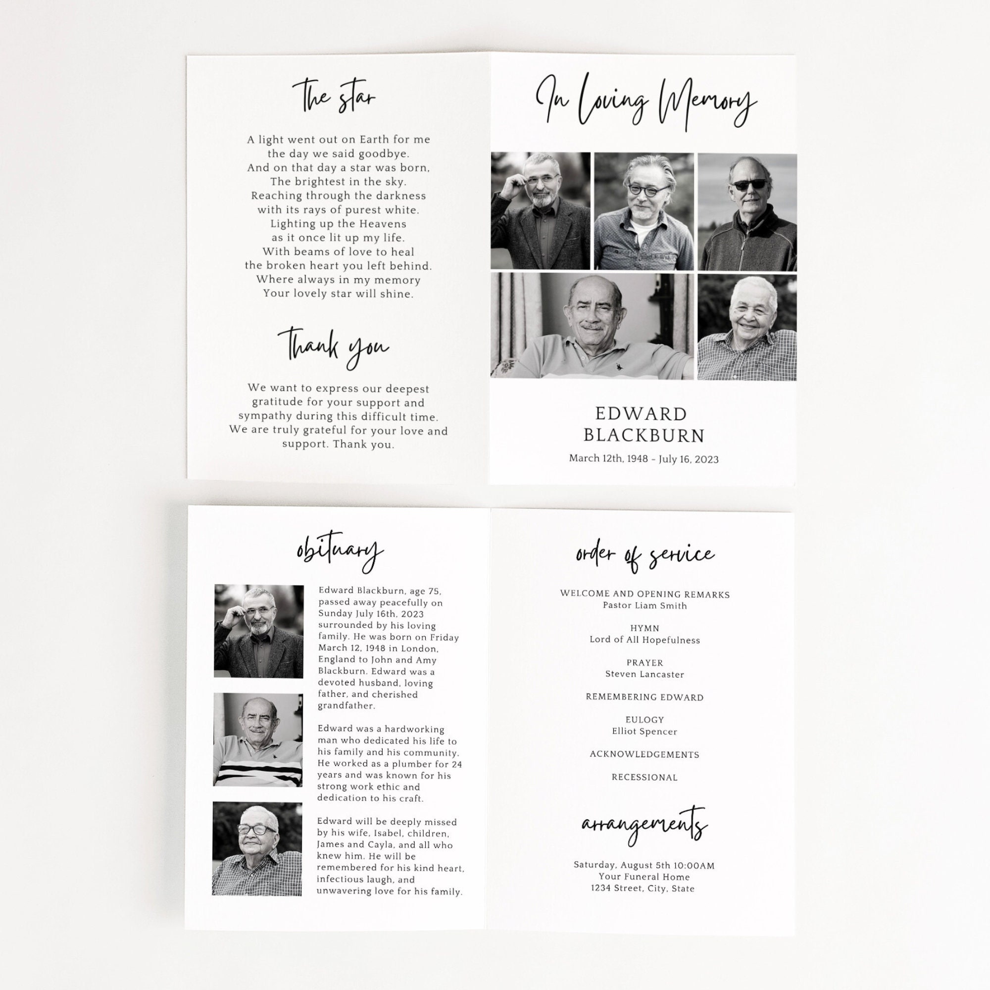 Minimalist Funeral Program Template for Man (Instant Download) - Etsy