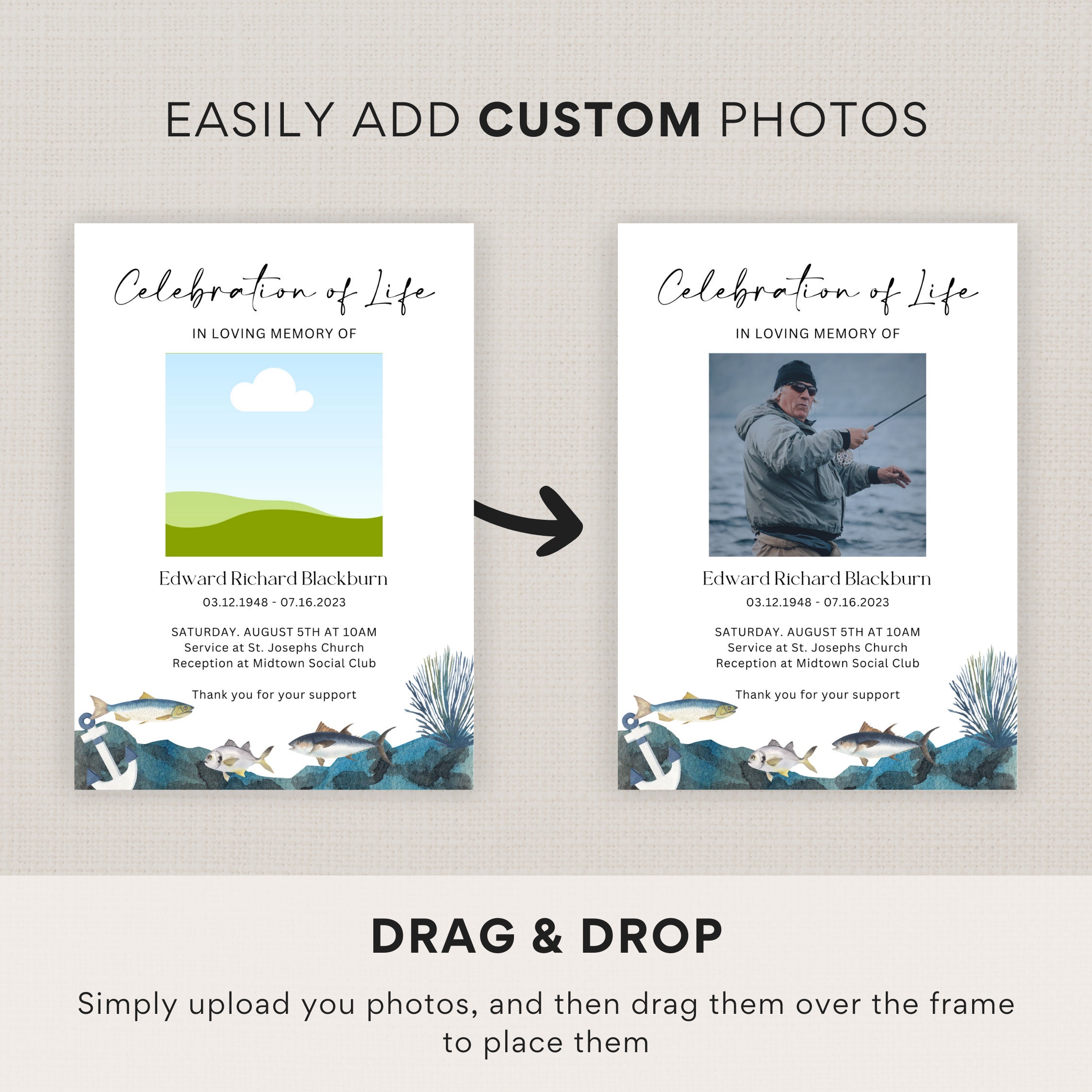 Fishing Funeral Announcement for Man, Outdoors Memorial Invitation ...