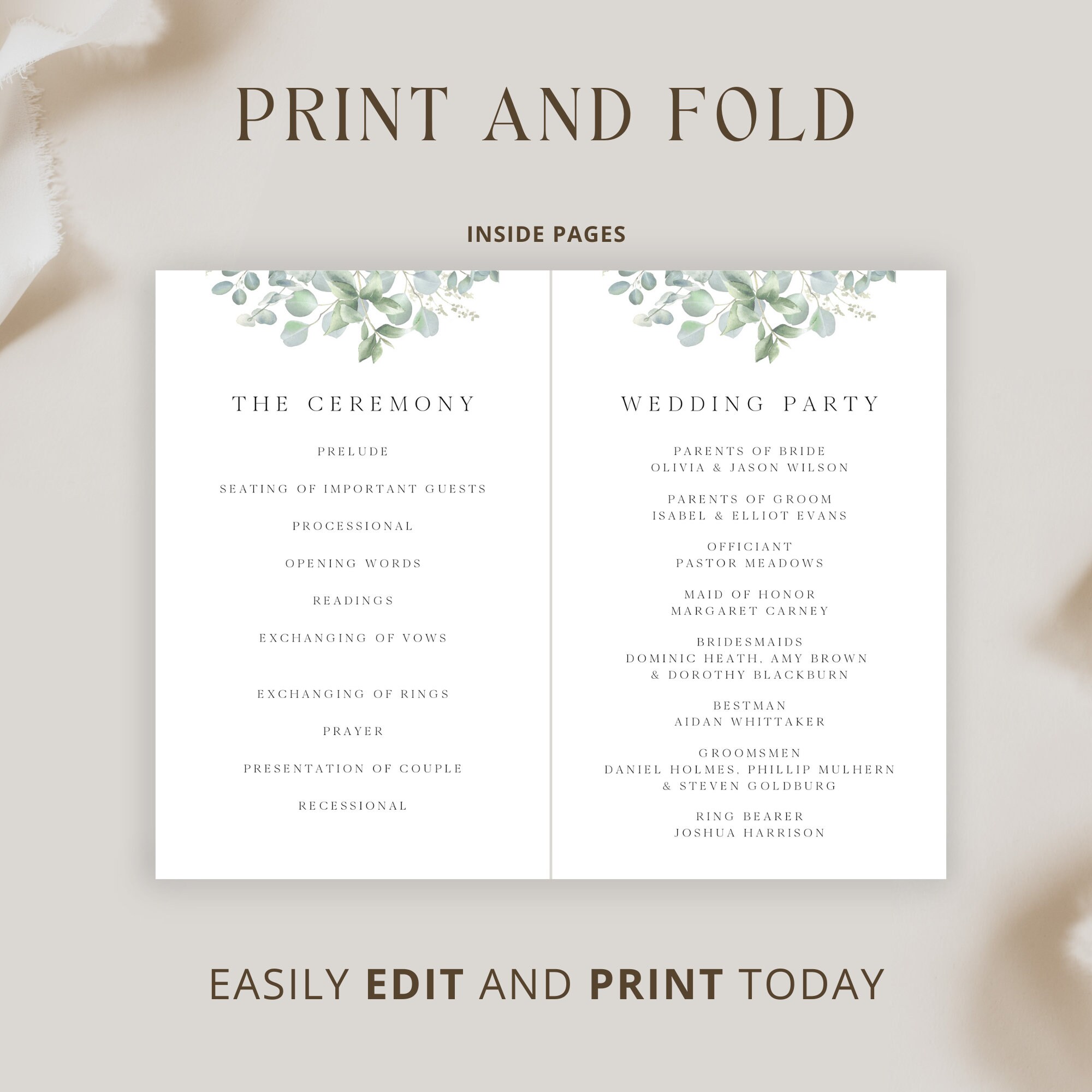 Eucalyptus Wedding Program Template, Floral Order of Service Booklet ...