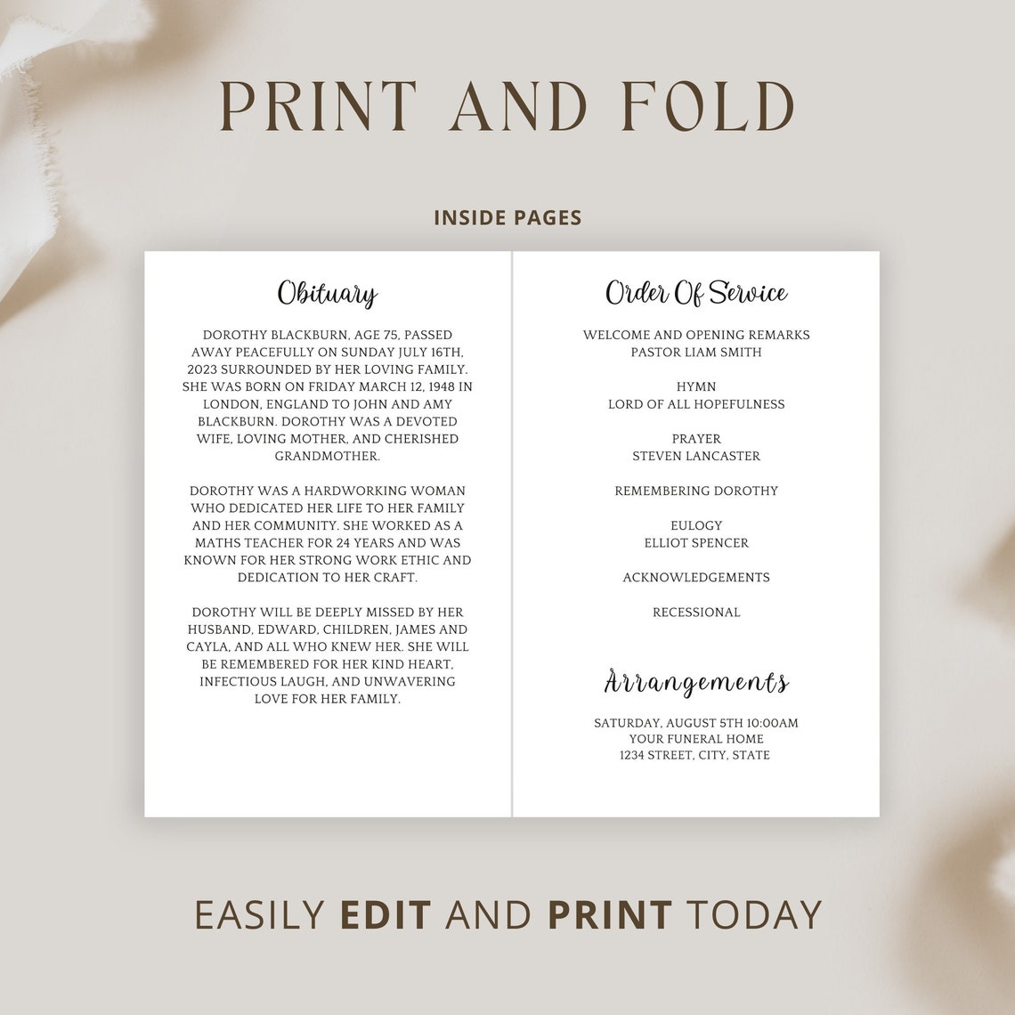 Minimal Funeral Program Template, Memorial Service Booklet, in Loving ...