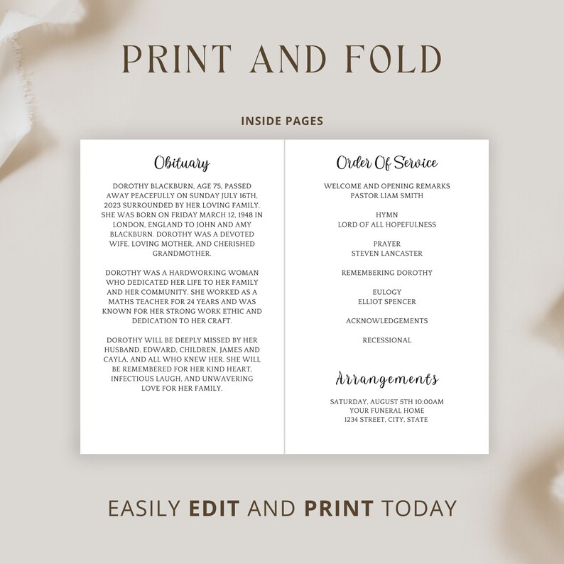 Minimal Funeral Program Template, Memorial Service Booklet, in Loving ...