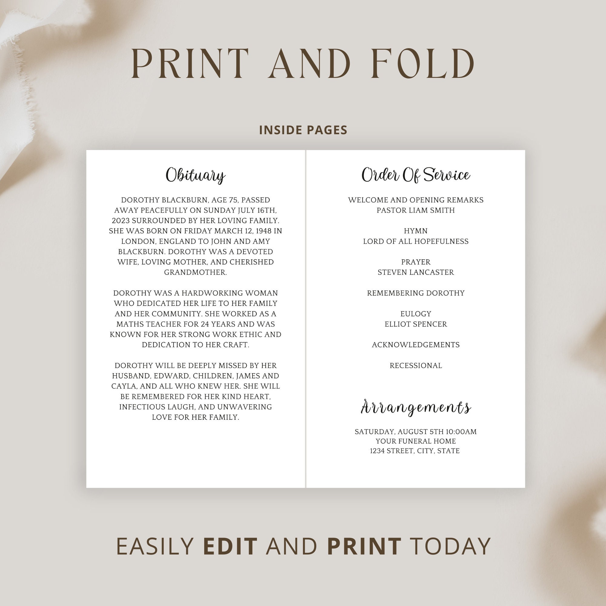 Minimal Funeral Program Template, Memorial Service Booklet, in Loving ...