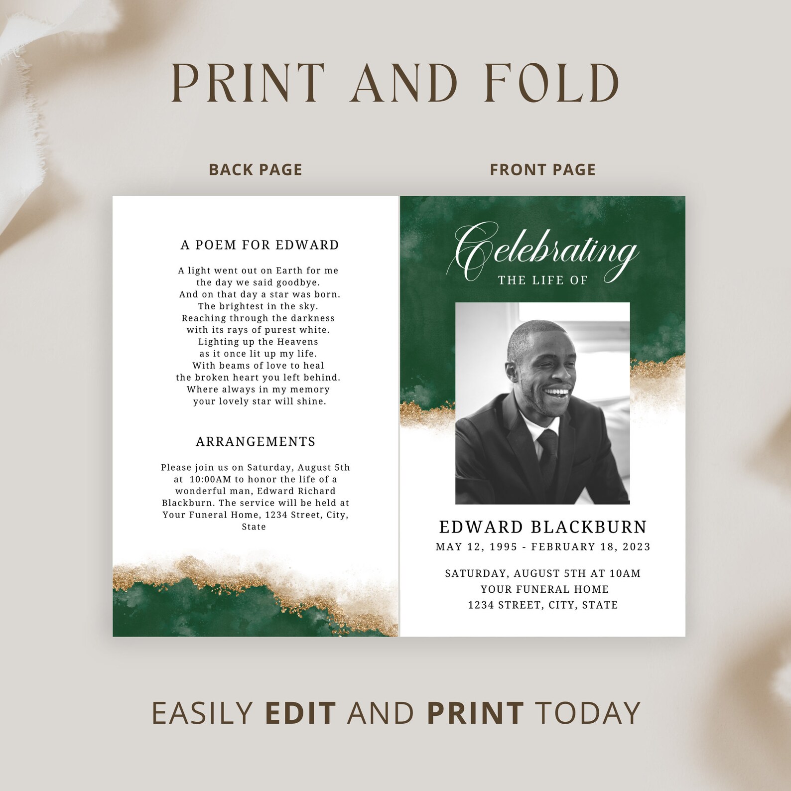 Emerald Funeral Program Template for Man, Green Order of Service ...