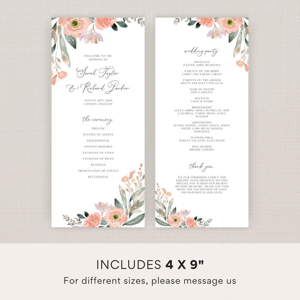Floral Wedding Program Template, Order of Service, Baby Pink Ceremony, Greenery Itinerary ...