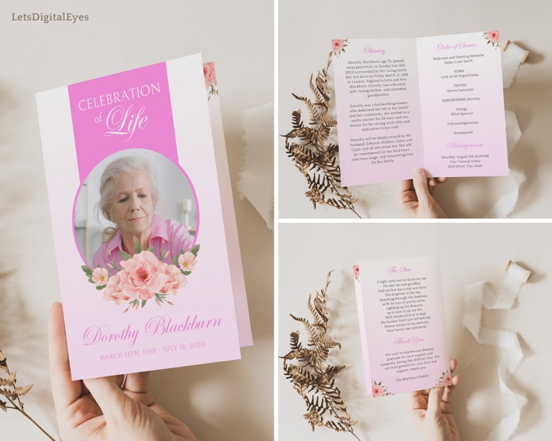 Pink Funeral Program Template for Woman Memorial Program - Etsy