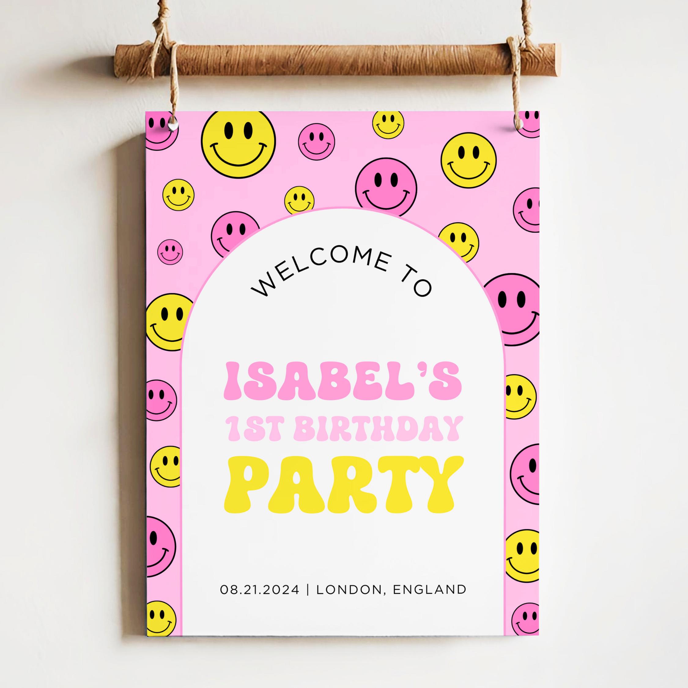Pastel Pink Birthday Poster, Smiley Face Welcome Sign Template ...