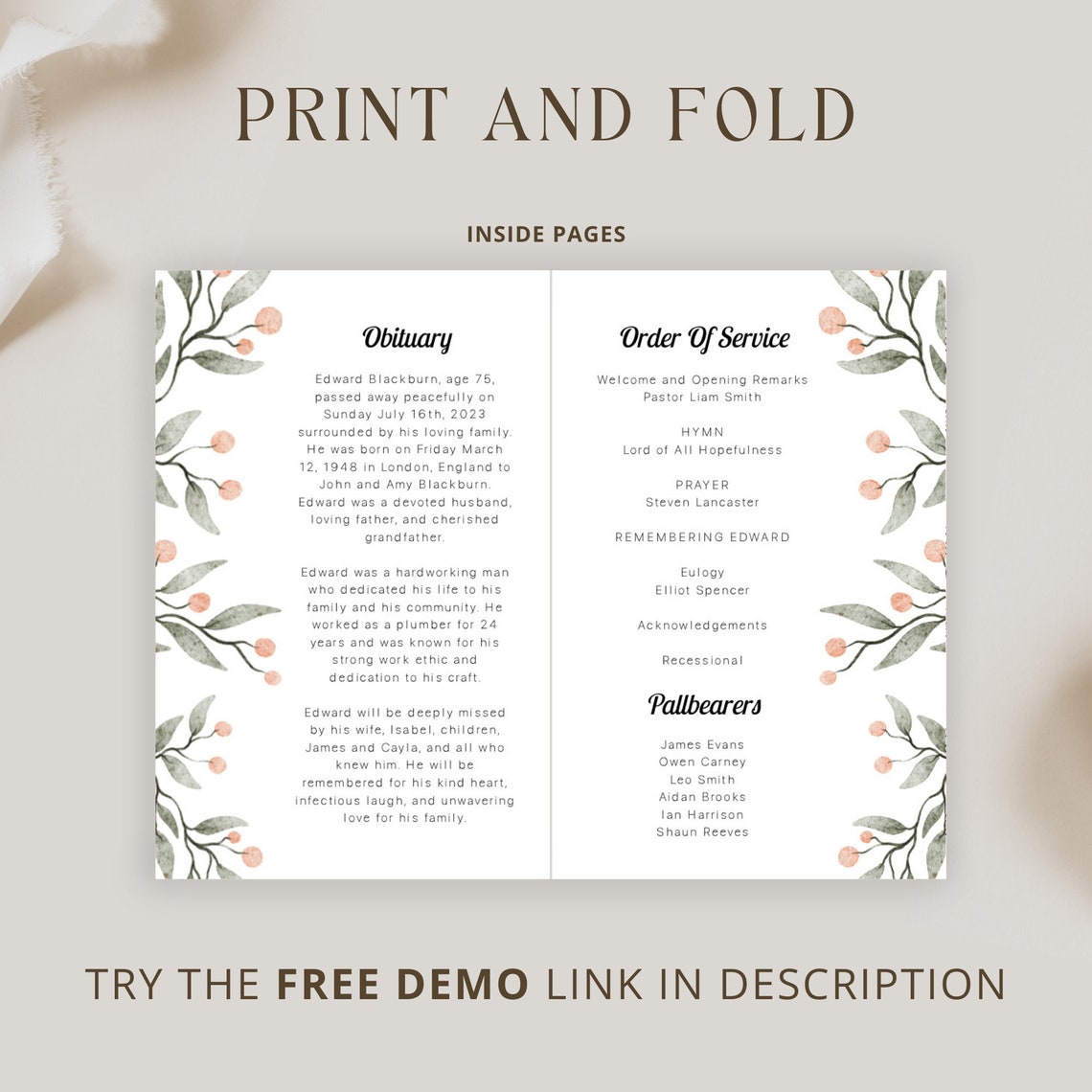 Printable Funeral Program Template Floral Order of Service Memorial ...