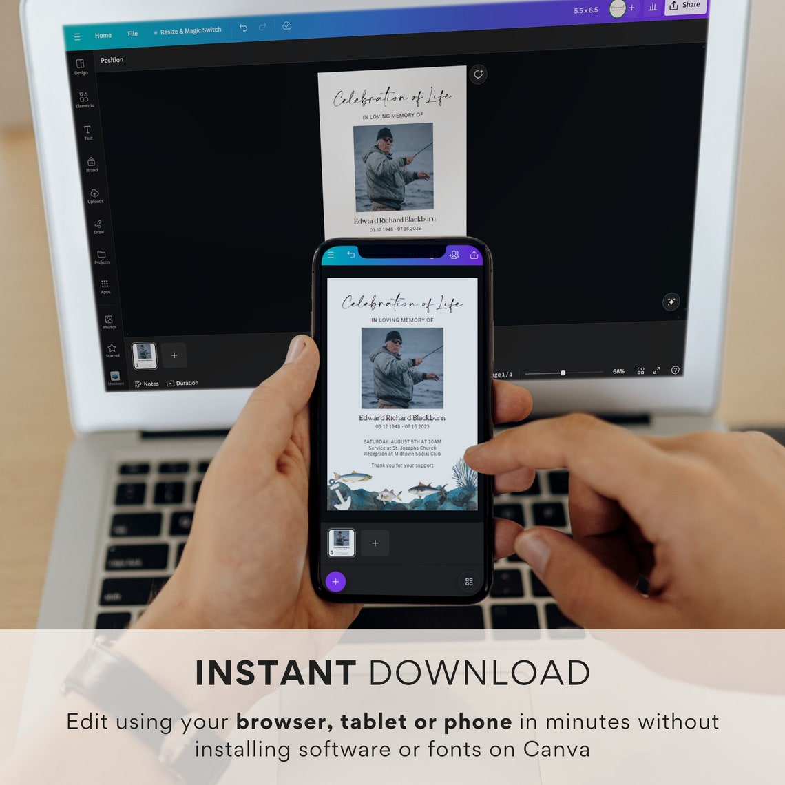 Fishing Funeral Announcement for Man, Outdoors Memorial Invitation ...
