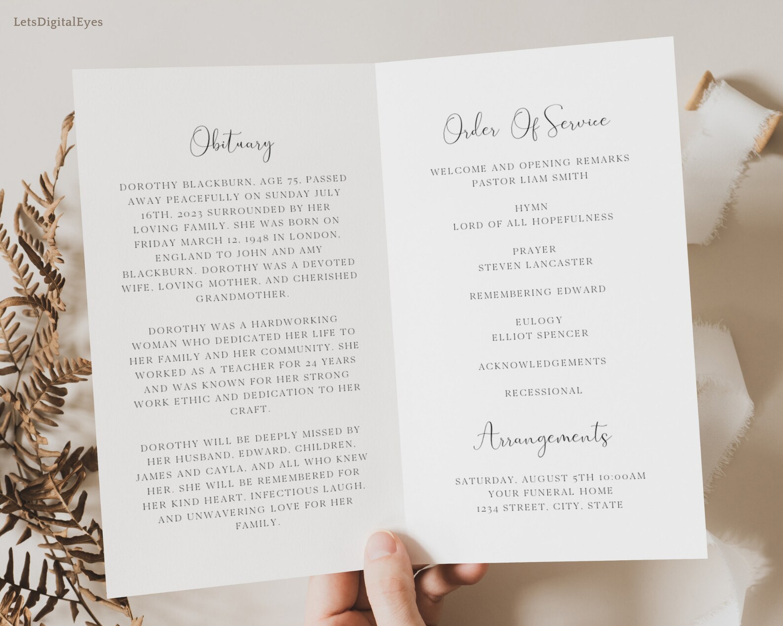 Minimal Funeral Program Template for Woman Modern Obituary - Etsy UK