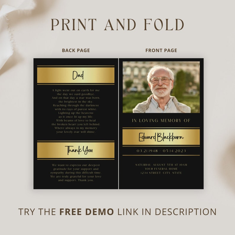 Luxury Funeral Program Template for Man, Black Gold Obituary Template ...