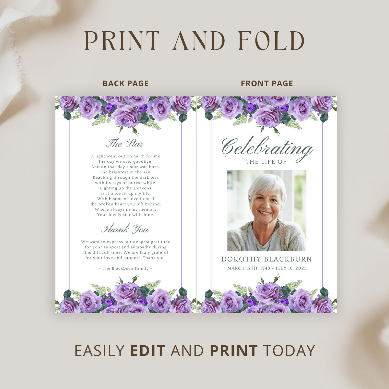 Peony Funeral Program Template, Memorial Service, Obituary Template ...