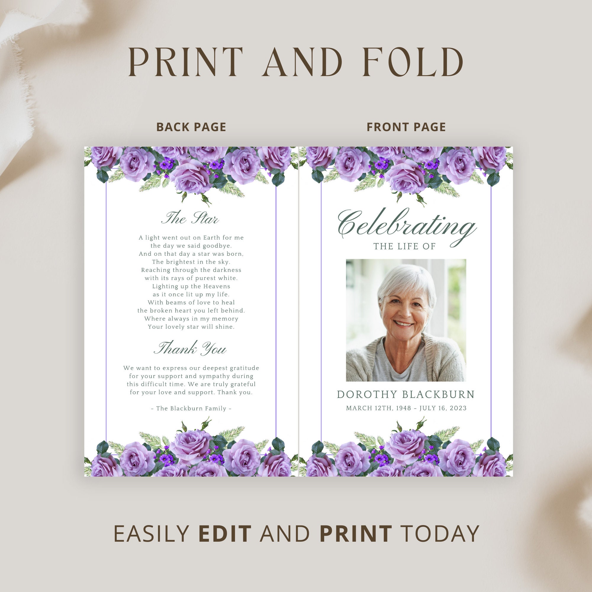 Peony Funeral Program Template, Memorial Service, Obituary Template ...