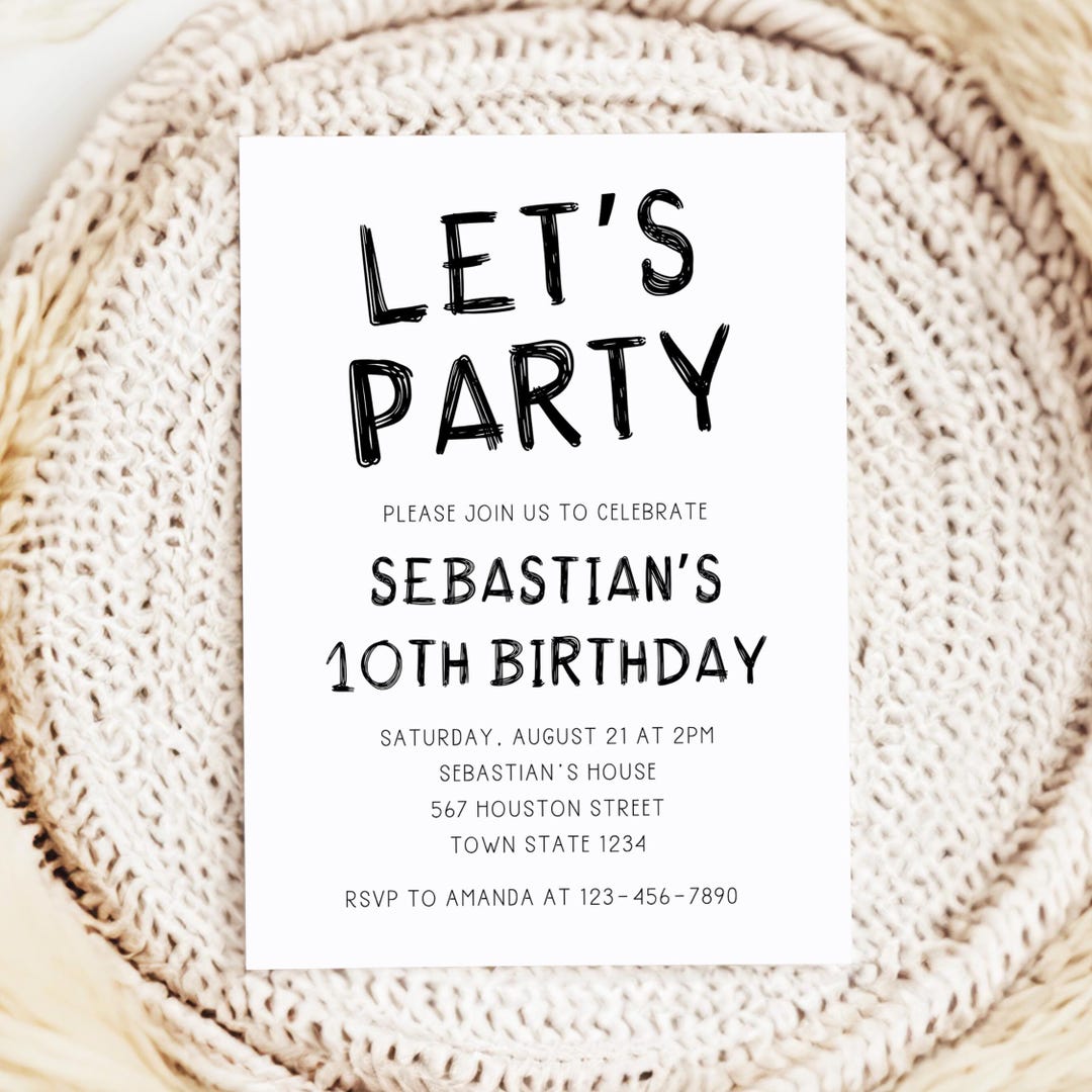 Minimal Birthday Party Invitation Template, Black and White Invite ...