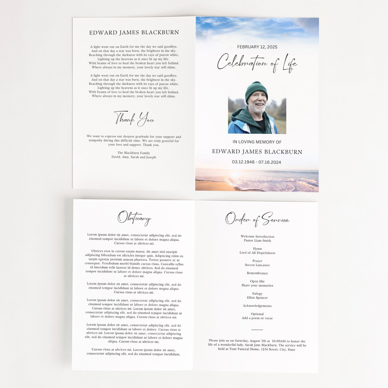 Outdoor Funeral Program Template, Beach Sky, Celebration of Life ...