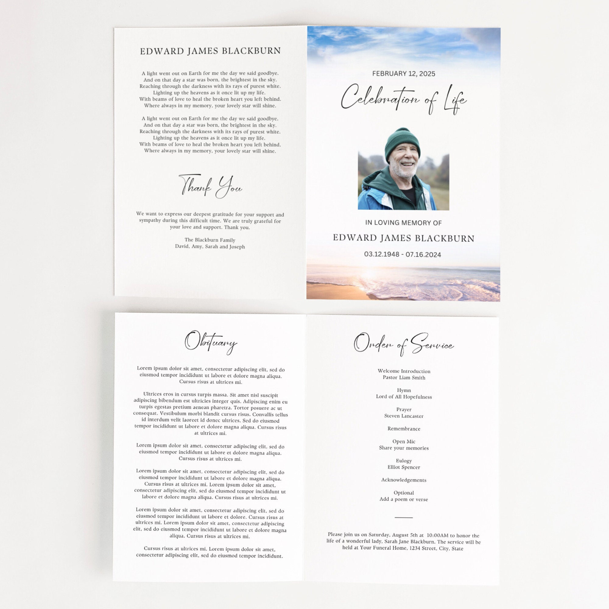 Outdoor Funeral Program Template, Beach Sky, Celebration of Life ...