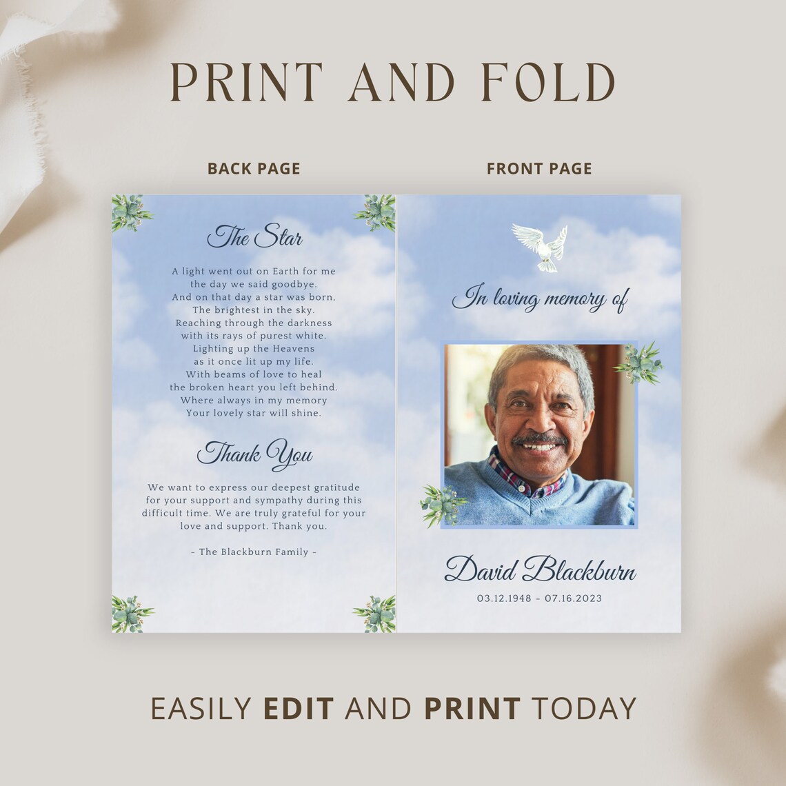 Blue Sky Funeral Program Template, Dove Funeral Program, Template for ...