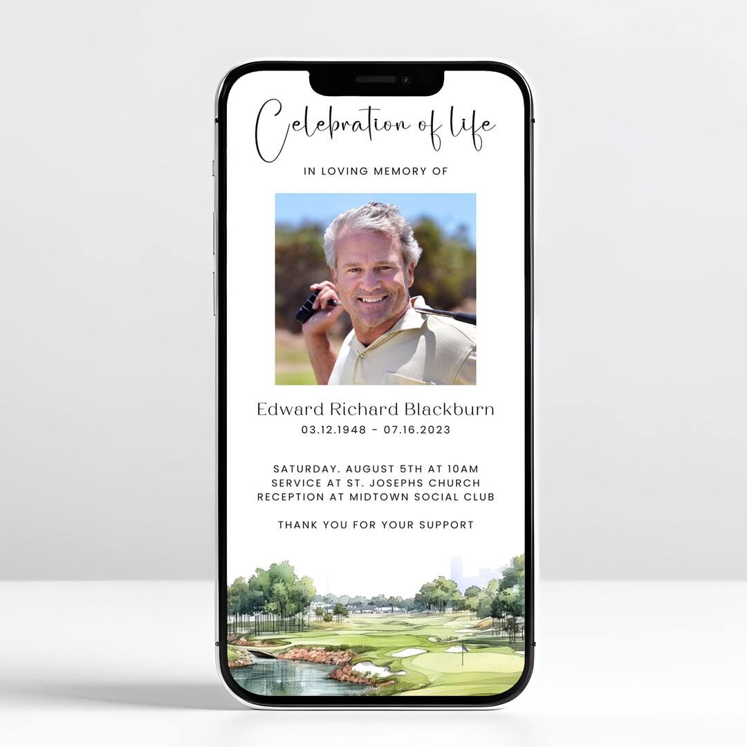 Golfing Funeral Mobile Invitation, Obituary Template for Man, Online ...