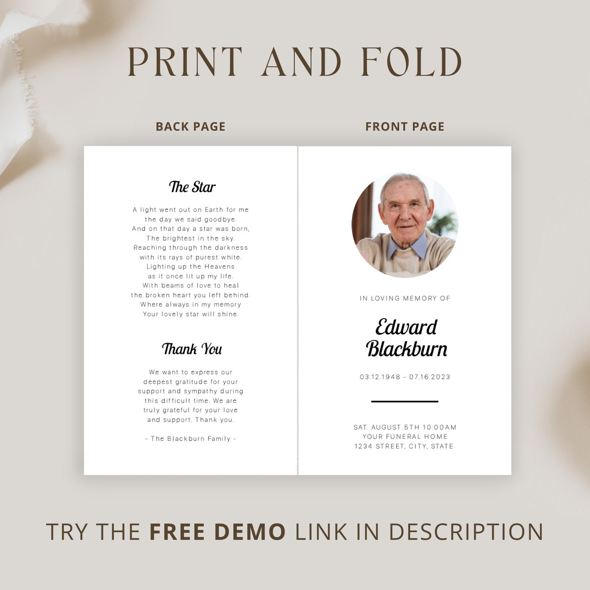 Basic Funeral Program Template Simple Memorial Service Minimalist Obituary Printable Order of ...
