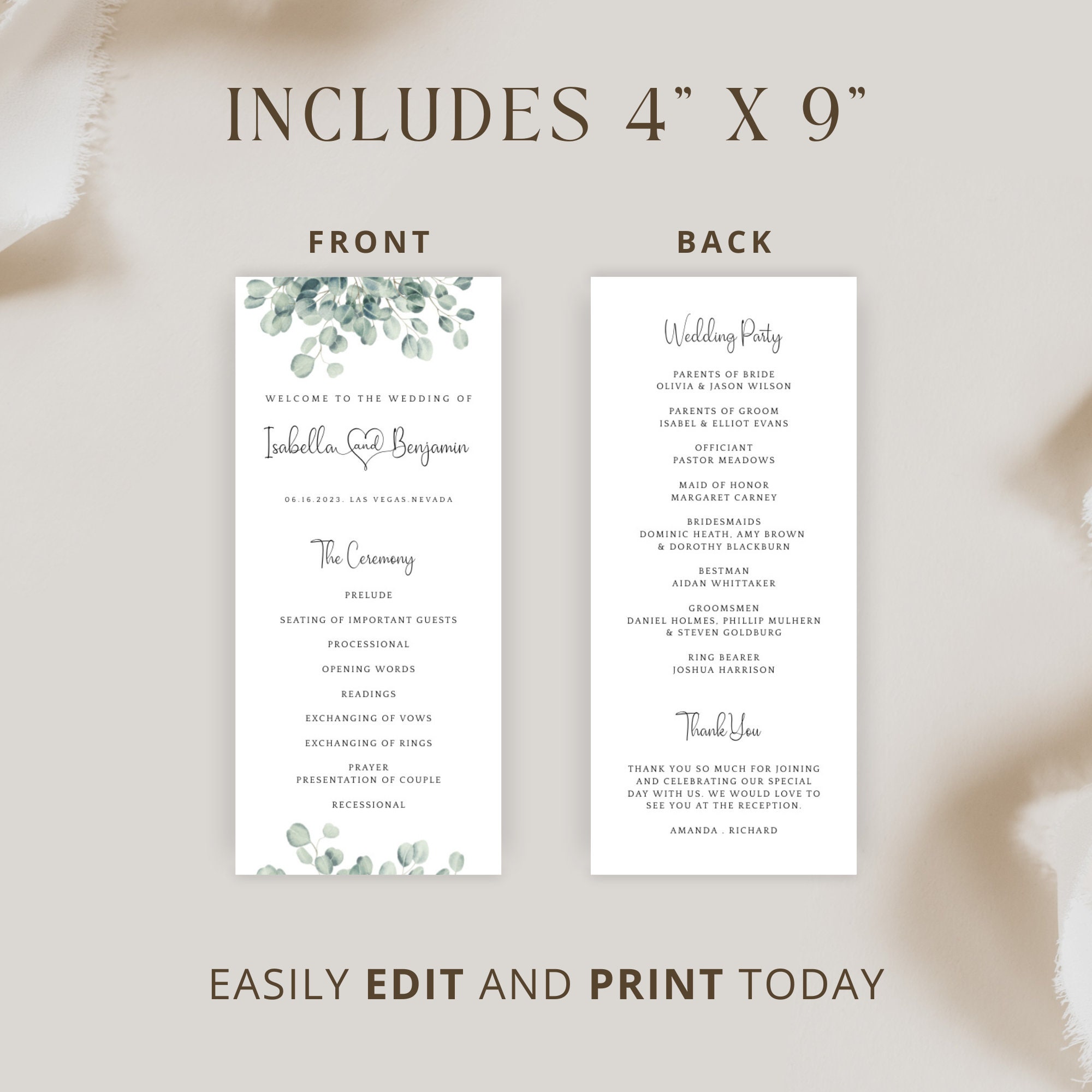 Modern Floral Wedding Program, Printable Greenery Wedding Template ...