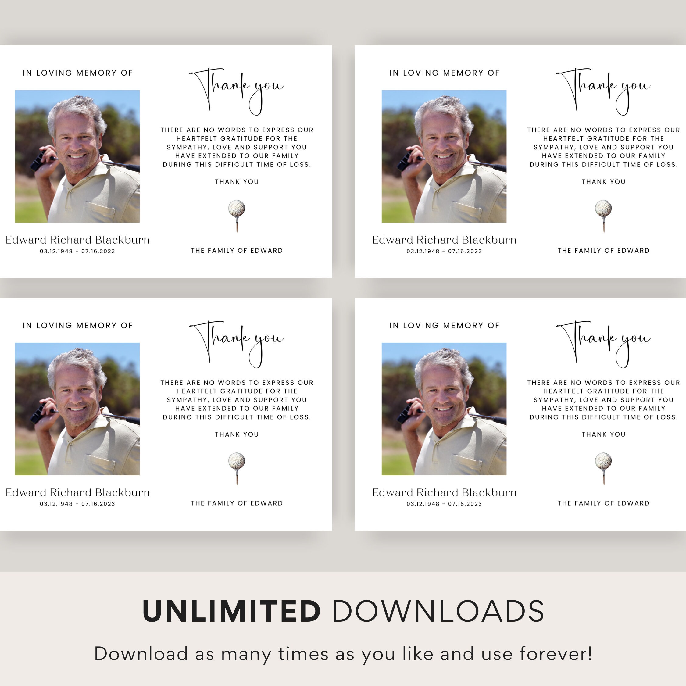 Golf Funeral Thank You Card Template, in Loving Memory, Obituary ...