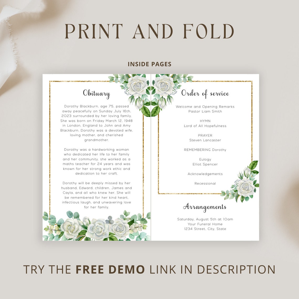 Greenery Funeral Program Template for Woman, Eucalyptus Obituary ...