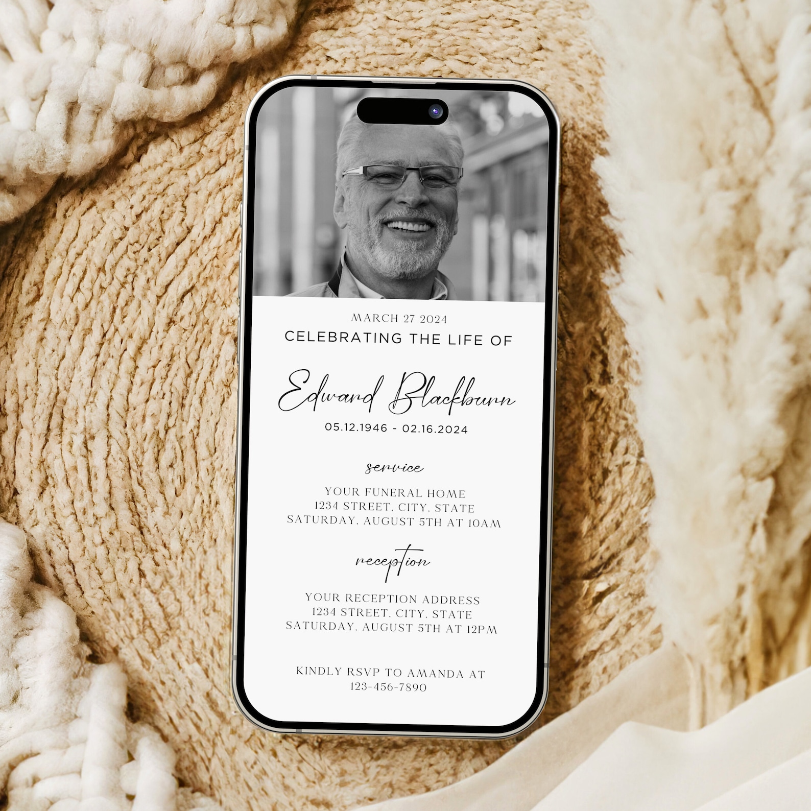 Minimal Funeral Invitation, Electronic Obituary Template for Man ...