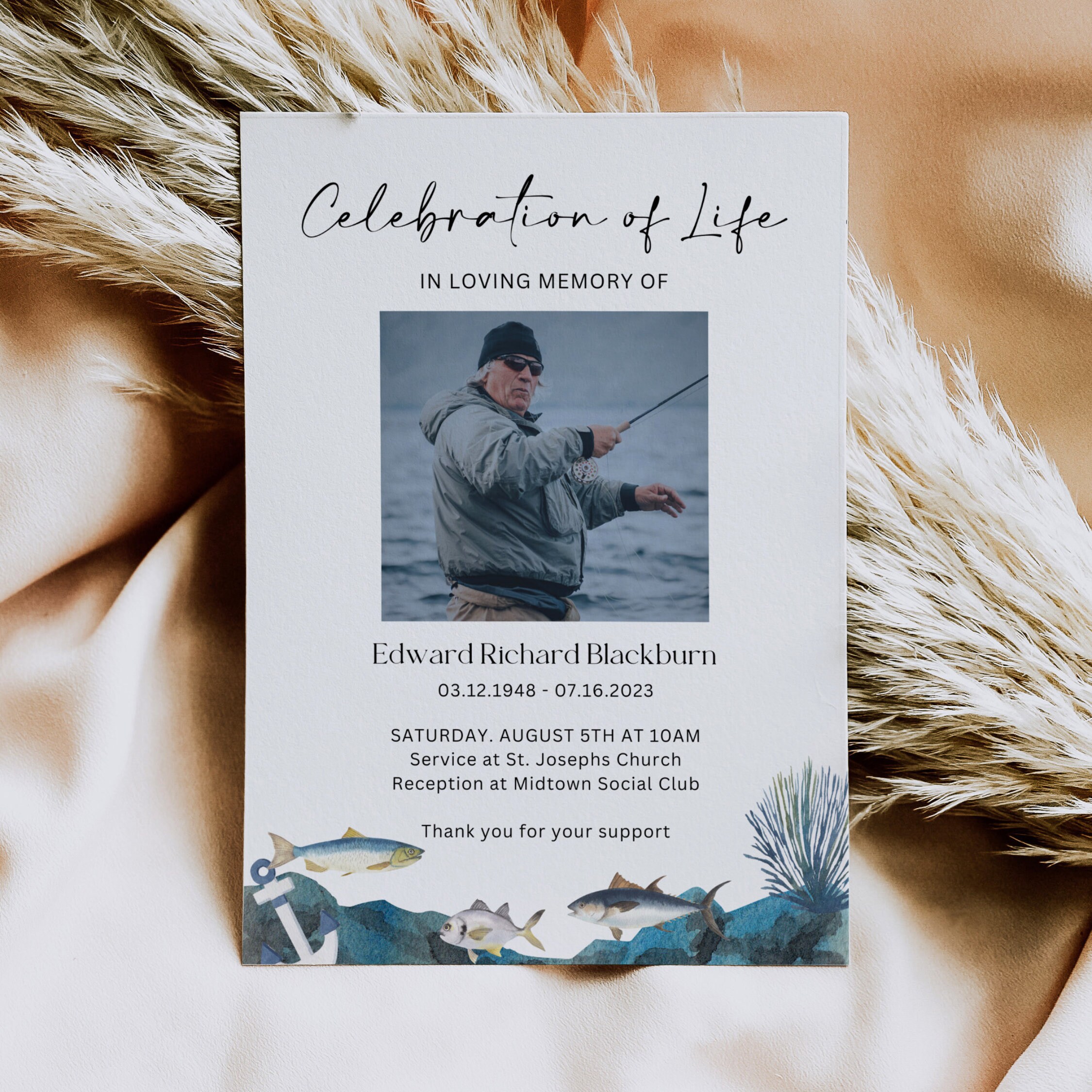 Fishing Funeral Announcement for Man, Outdoors Memorial Invitation ...