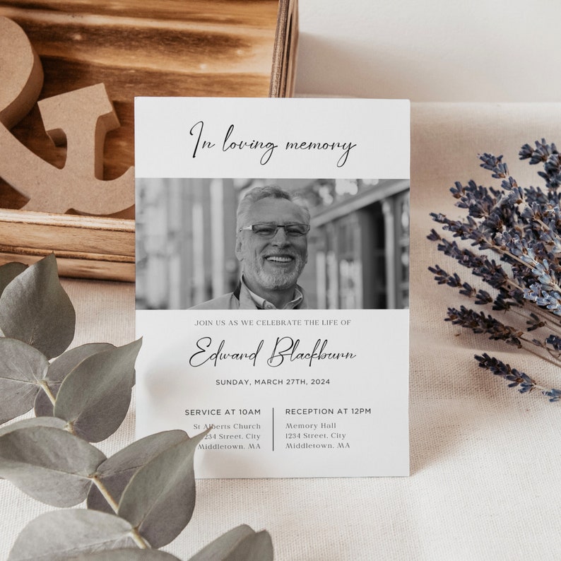 Minimal Funeral Announcement for Man, Memorial Invitation, Printable ...