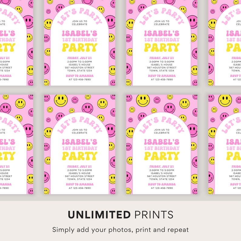 Smiley Face Birthday Party Invitation Template, Pastel Pink Invite ...