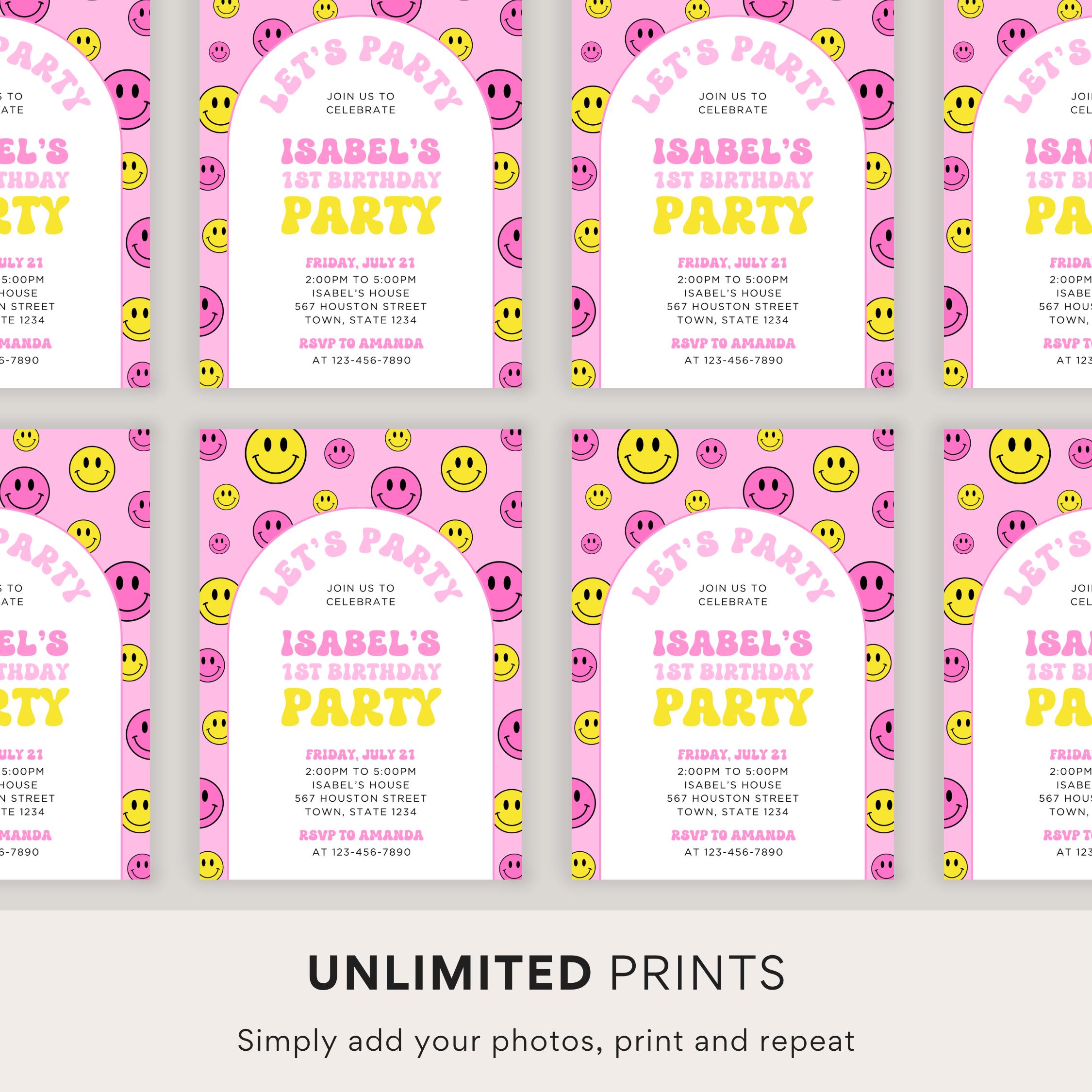 Smiley Face Birthday Party Invitation Template, Pastel Pink Invite ...