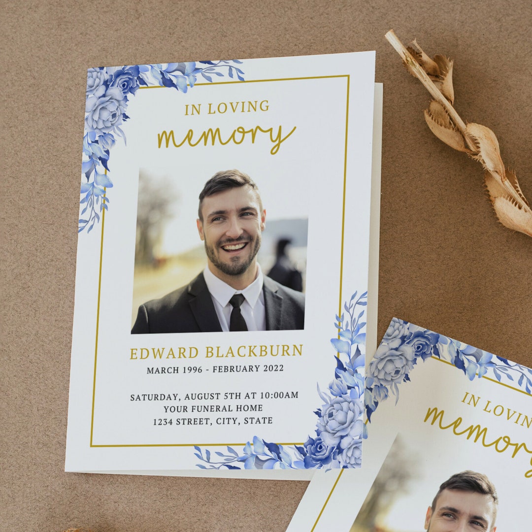 Blue Funeral Program Template for Man, Obituary Template, Order of ...