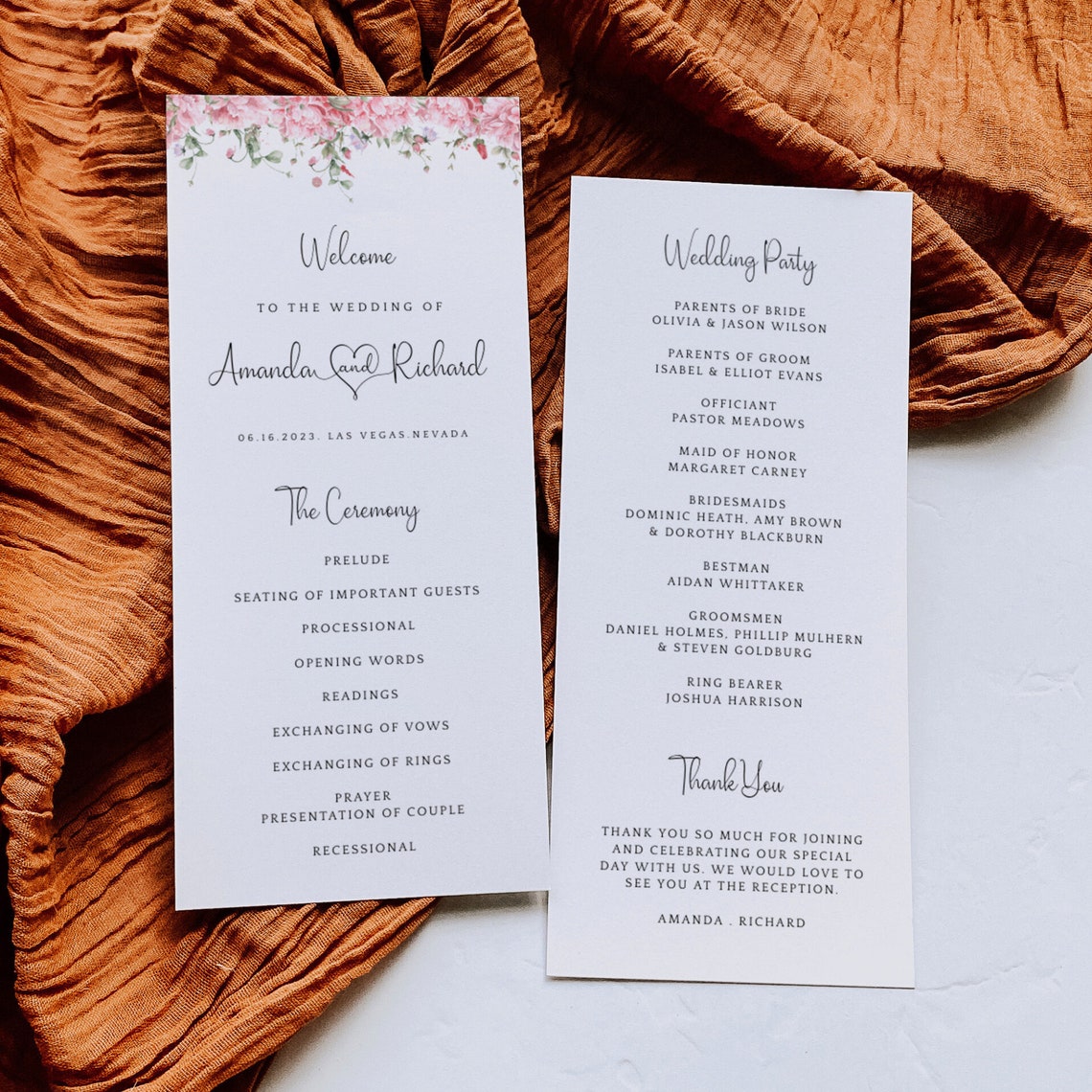 Double Sided Wedding Program Template, Flowery Order of Service ...