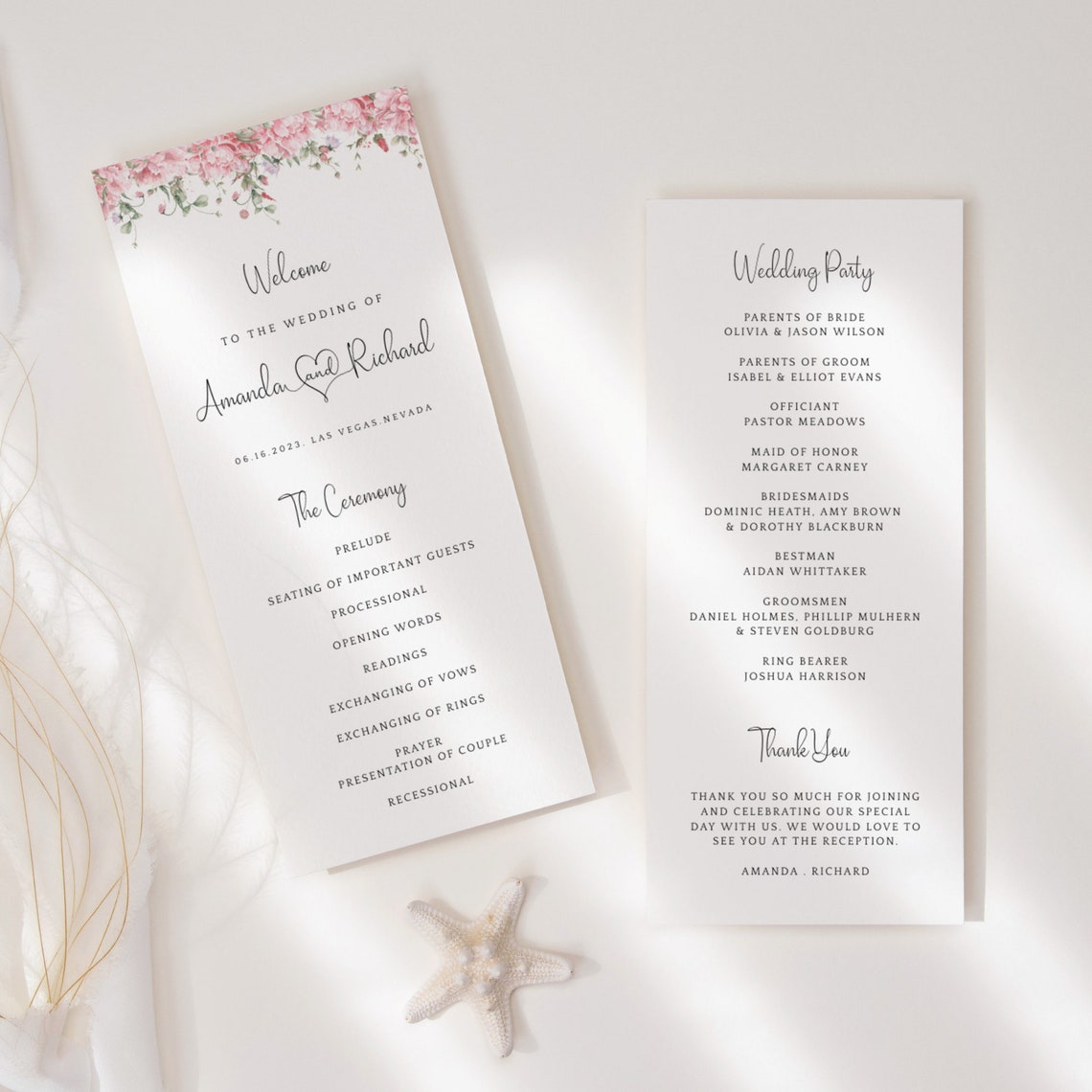 Double Sided Wedding Program Template, Flowery Order of Service ...