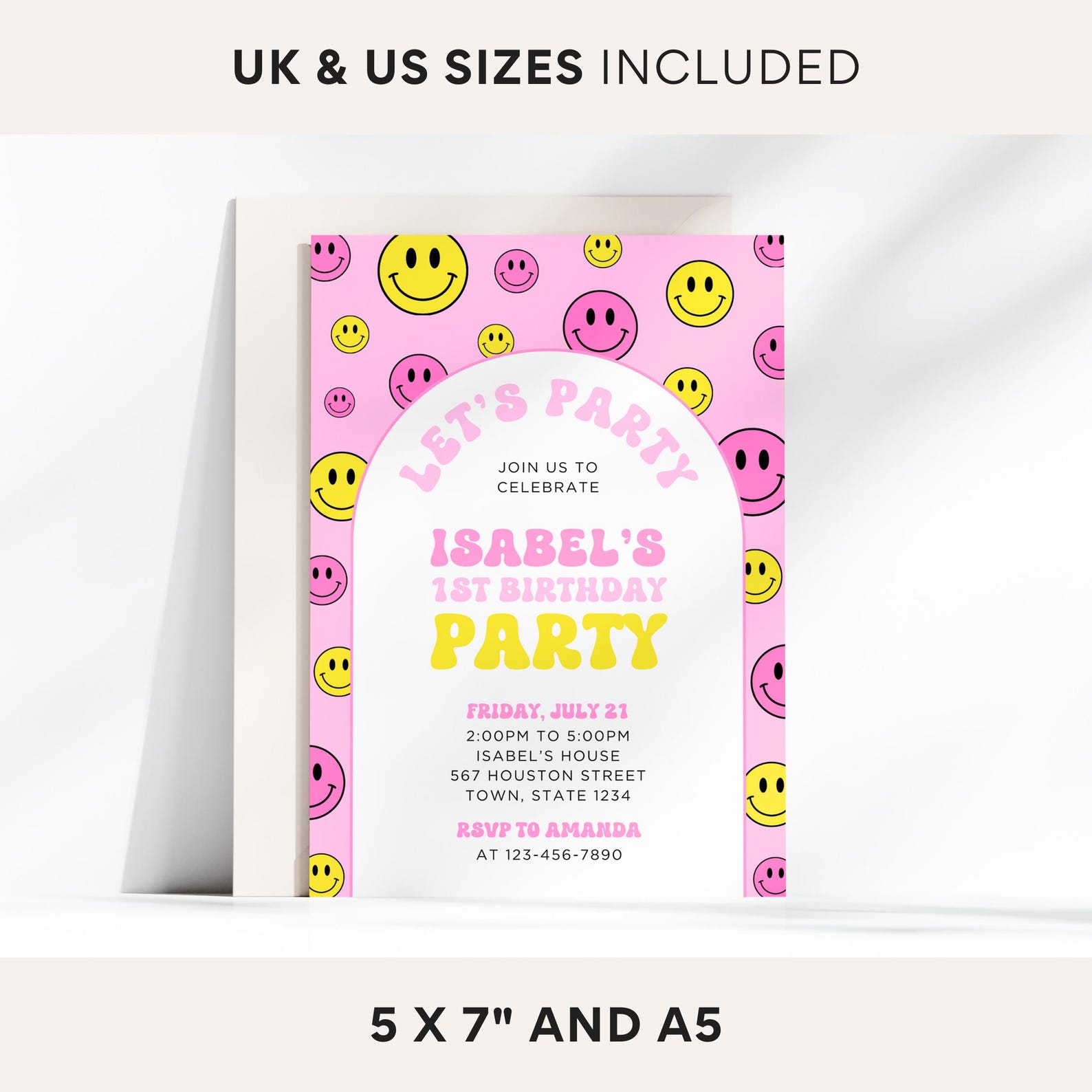 Smiley Face Birthday Party Invitation Template, Pastel Pink Invite ...