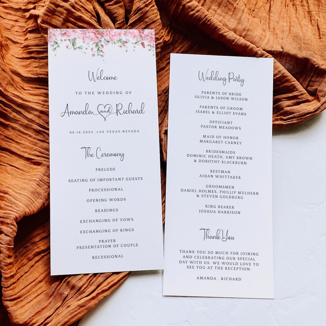 Double Sided Wedding Program Template, Flowery Order of Service ...
